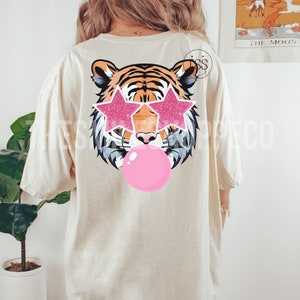 Preppy Tiger Blowing Bubble PNG: Pink Glitter Star Mascot (digital ...