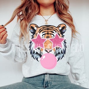 Preppy Tiger Blowing Bubble PNG: Pink Glitter Star Mascot (digital ...