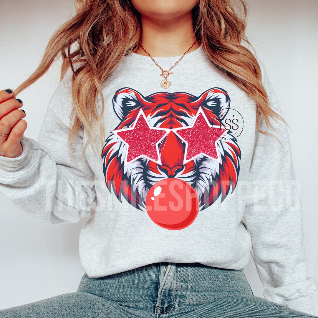 Preppy Tiger Blowing Bubble PNG: Red Glitter Star Design (digital ...