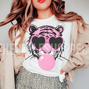 Preppy Pink Tiger Blowing Bubble PNG: Mascot Shirt Design (digital ...
