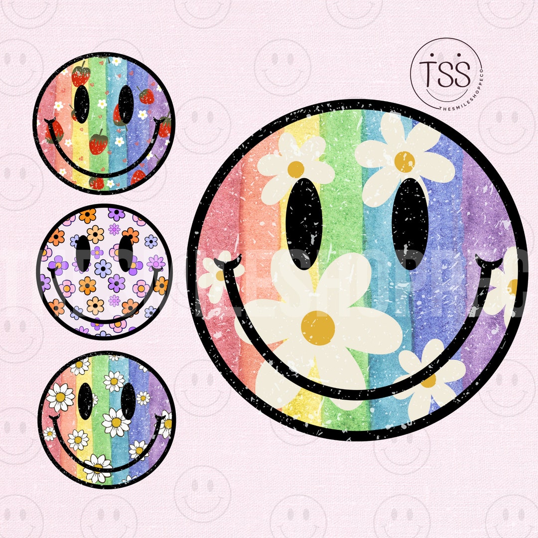Distressed Smile Bundle Boho Floral Rainbow Png Smile Daisy Preppy ...