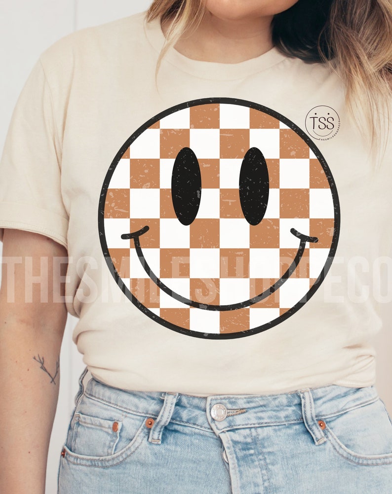 Retro Checkered Smile Face PNG: Distressed Boho Sublimation (digital ...