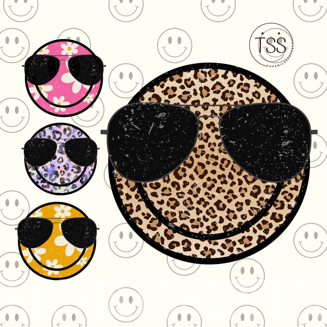 Retro Smile Face Bundle Daisy Leopard Smiley Png Distressed Smile Beach ...
