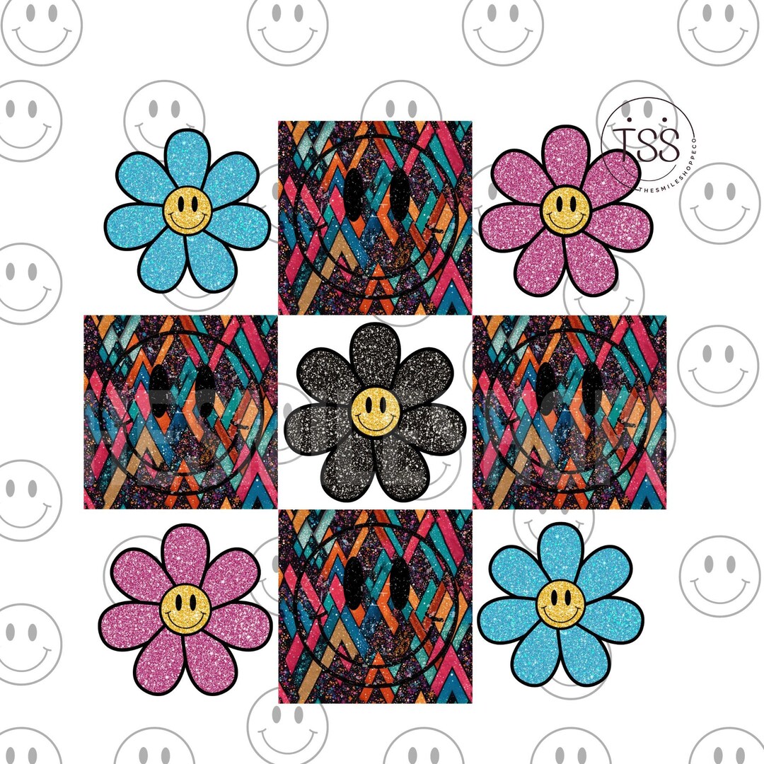 Checkered Smile Face Png Distressed Smile Daisy Png Boho Floral Rainbow ...