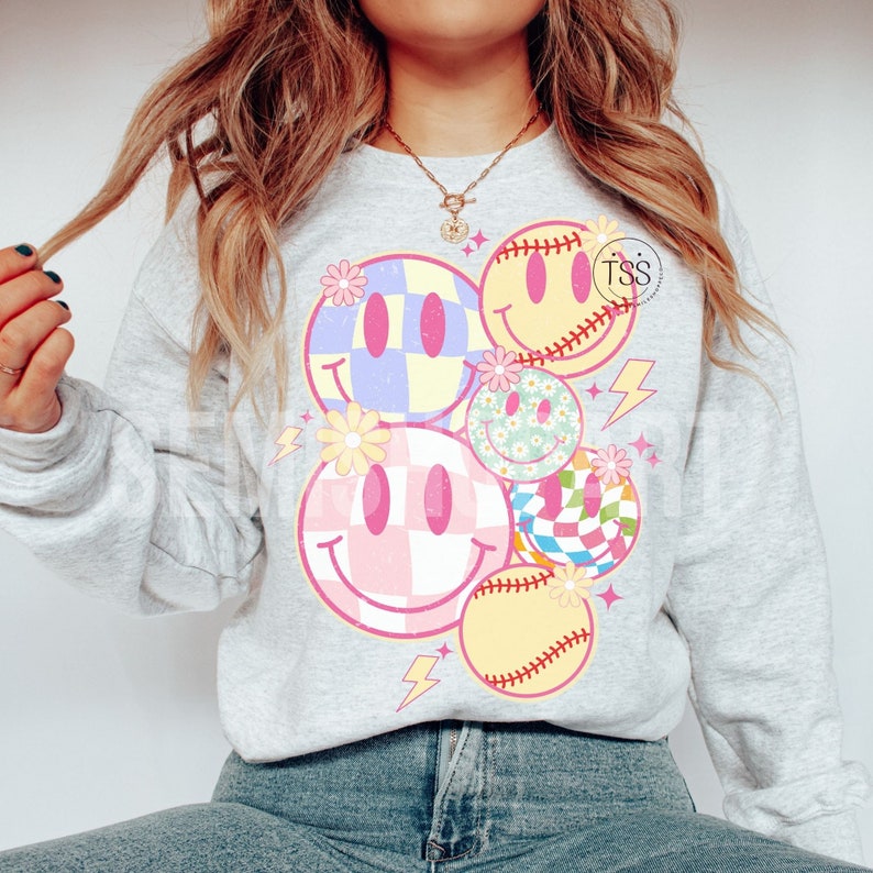 Retro Softball PNG: Smiley Face Sublimation Design (digital Download ...