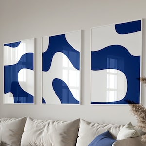 Navy Blue Wall Art Set of 3 Aesthetic Room Decor Blue Abstract Wall Art ...