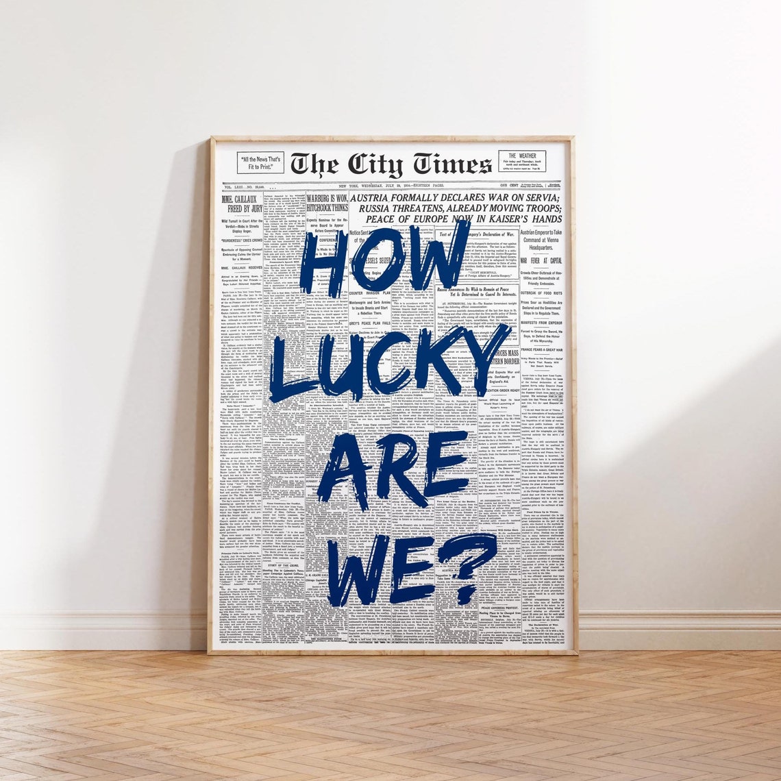 Navy Blue Poster Trendy Newspaper Print How Lucky Are We Wall Art Blue ...