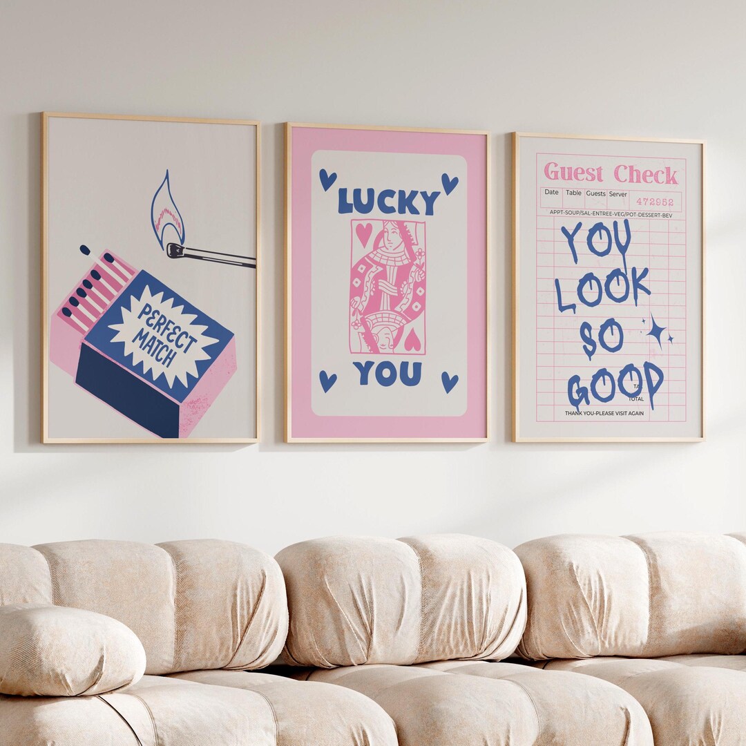 Pink and Blue Girly Prints Retro Trendy Wall Art Aesthetic Posters Pink ...