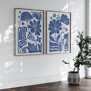 Navy Blue Poster Abstract Floral Wall Art Blue Botanical Prints Retro ...