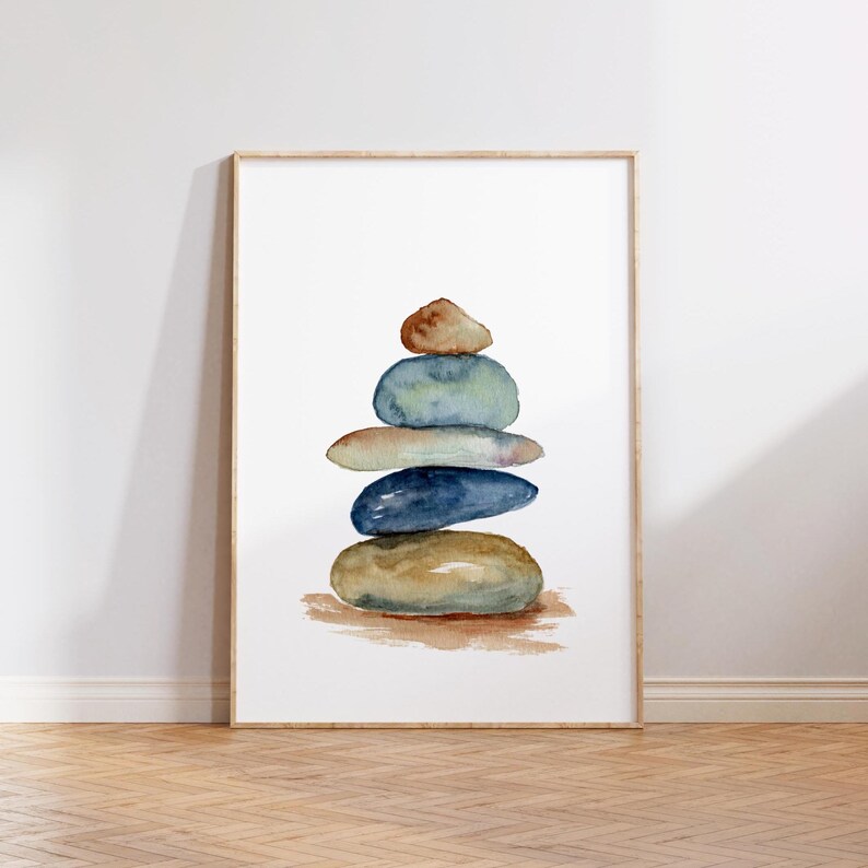 Coastal Watercolor Stacked Stone Art, Pebble Print, Zen Home Decor - Etsy