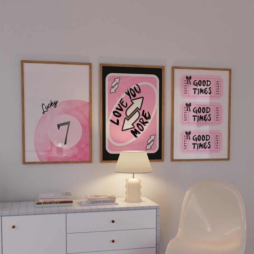 Set of 3 Pink Prints Trendy Retro Wall Art Vintage Pool Ball Print Pink ...