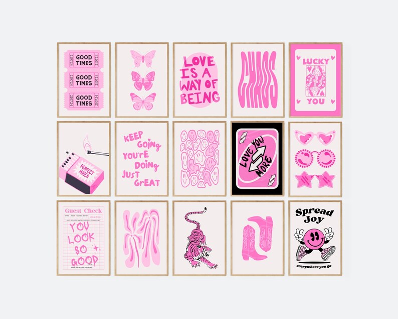 Pink Retro Posters Set of 15 Art Prints Cute Dorm Posters Pink Preppy ...