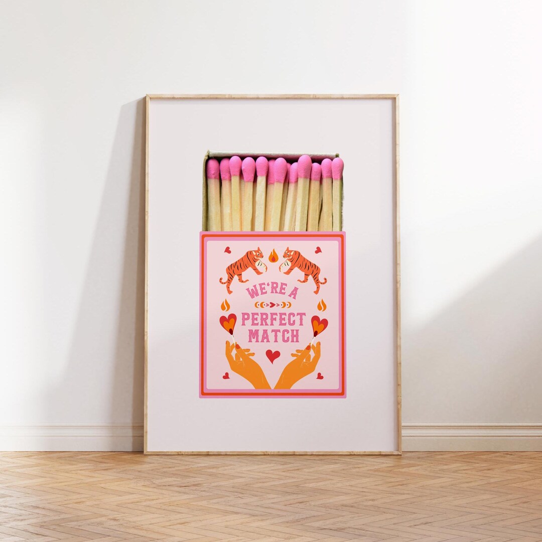 Vintage Matchbox Print Trendy Retro Poster Pink Orange Print Valentines ...