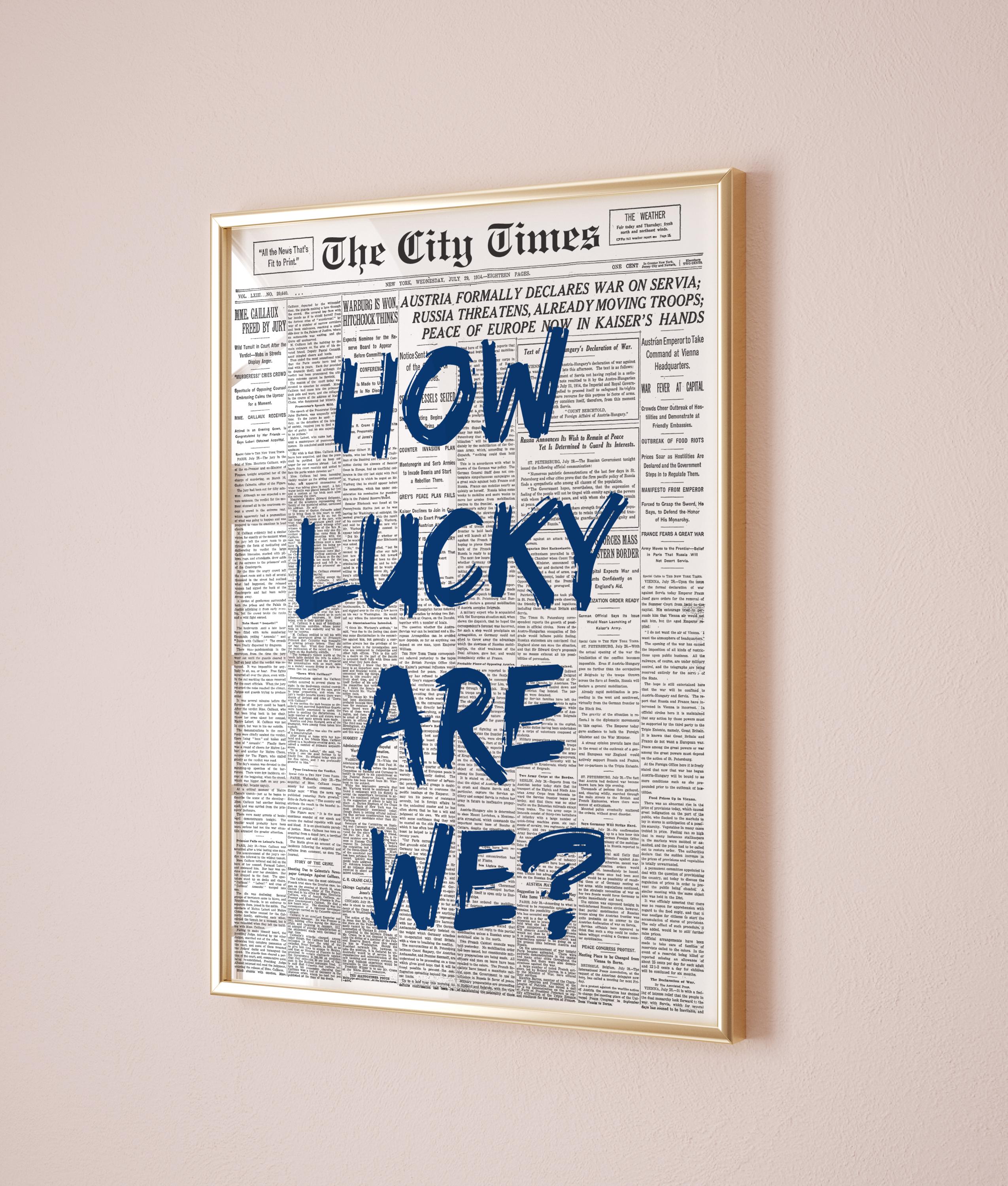 Navy Blue Poster Trendy Newspaper Print How Lucky Are We Wall Art Blue ...