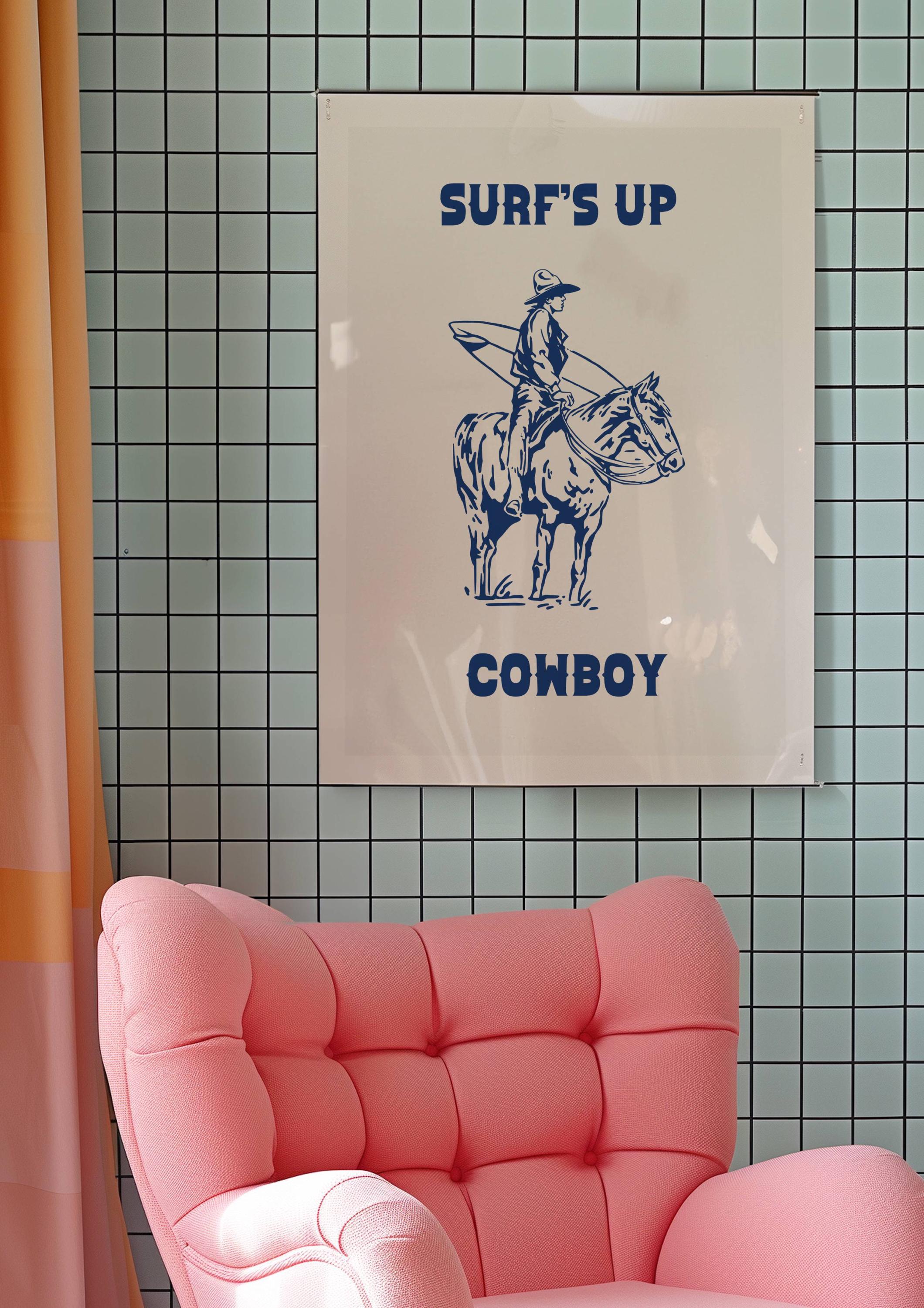 Surf up Cowboy Wall Art Trendy Coastal Print Blue Retro Poster Summer ...