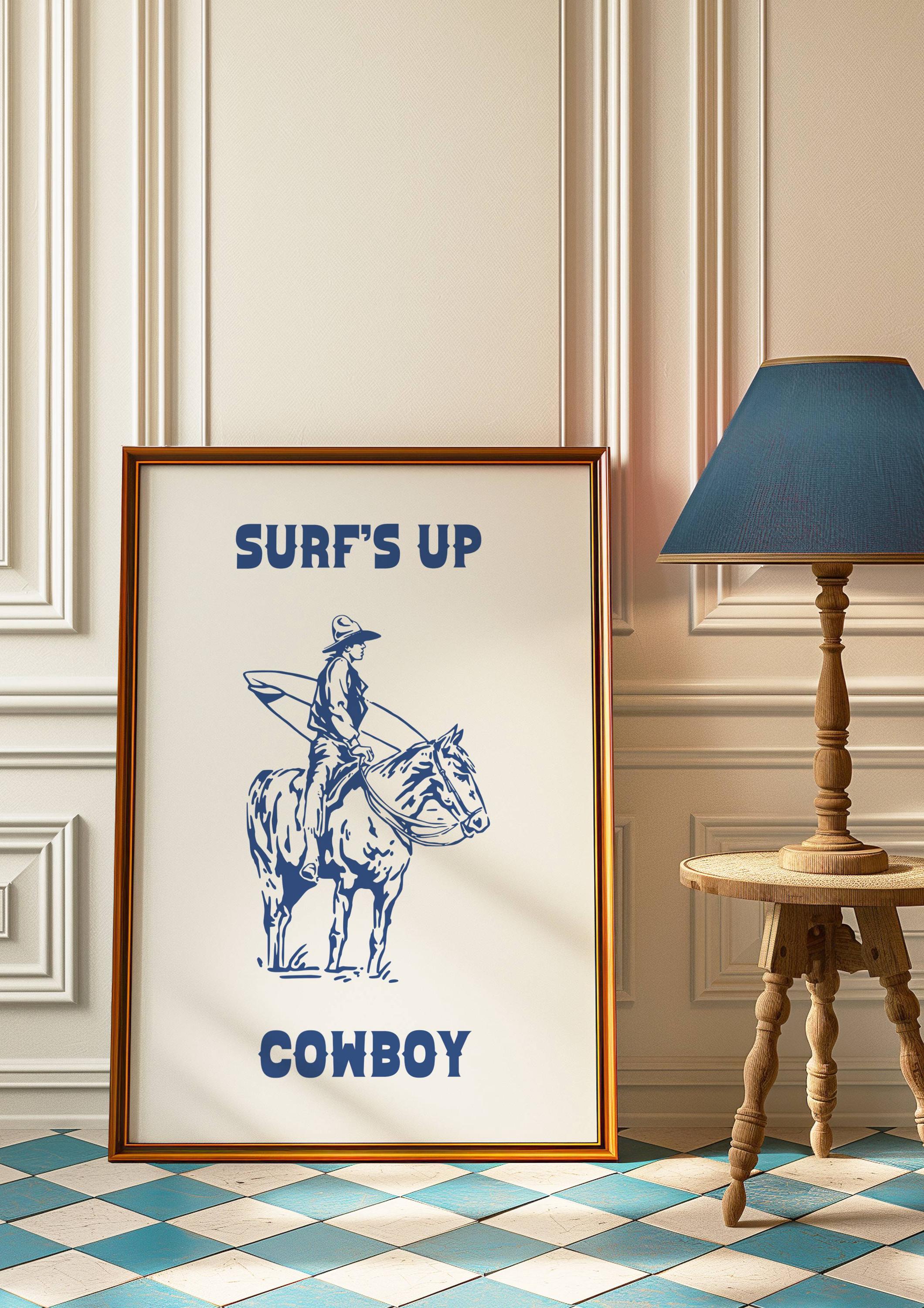 Surf up Cowboy Wall Art Trendy Coastal Print Blue Retro Poster Summer ...