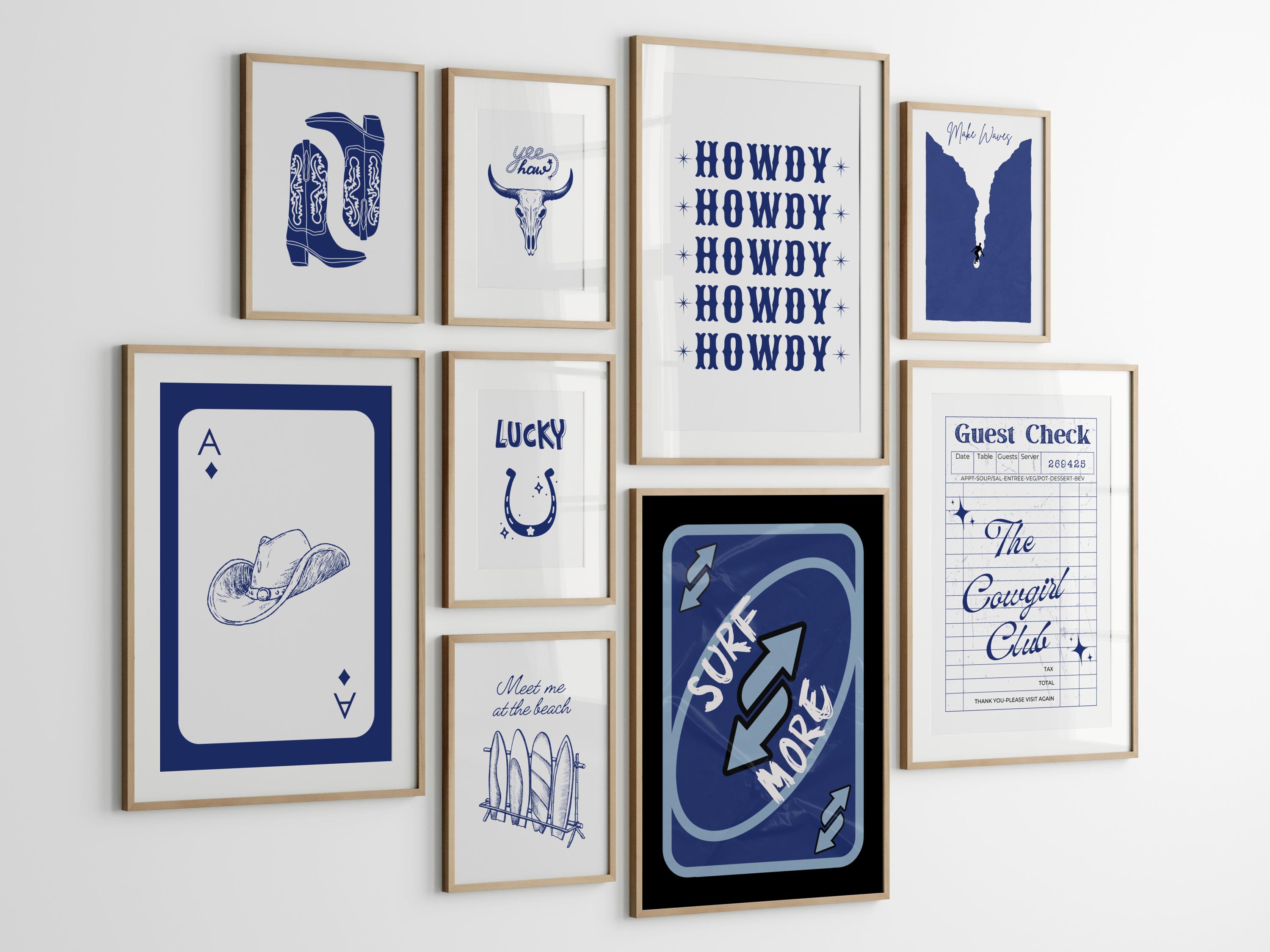 Coastal Gallery Wall Set of 9 Navy Blue Posters Retro Western Print ...