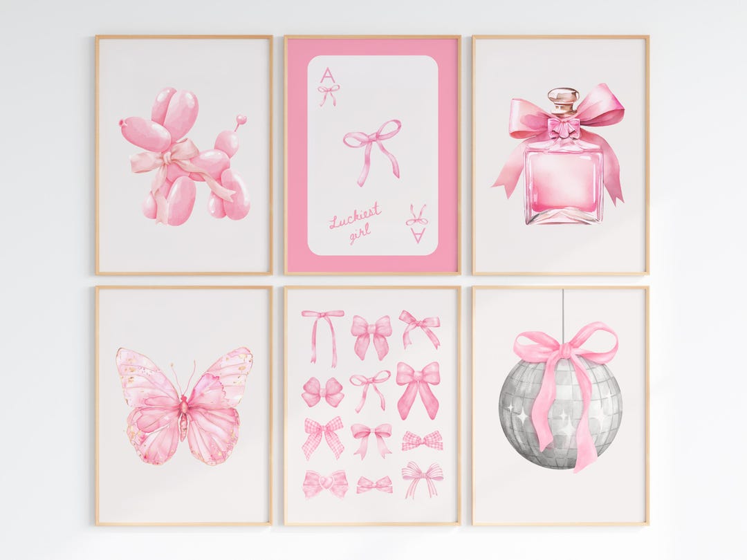 Pink Bows Wall Art Set of 6 Preppy Print College Apartment Decor ...