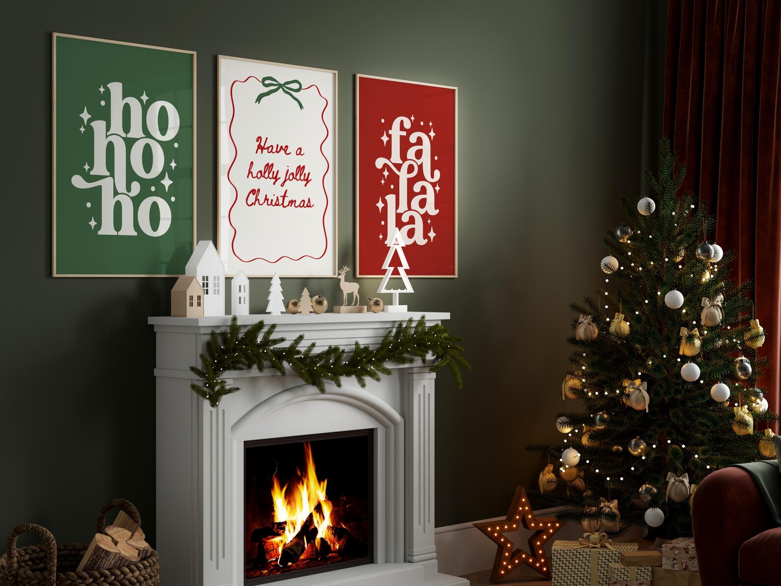 Trendy Christmas Wall Art Set of 3 Xmas Posters Red and Green Prints ...