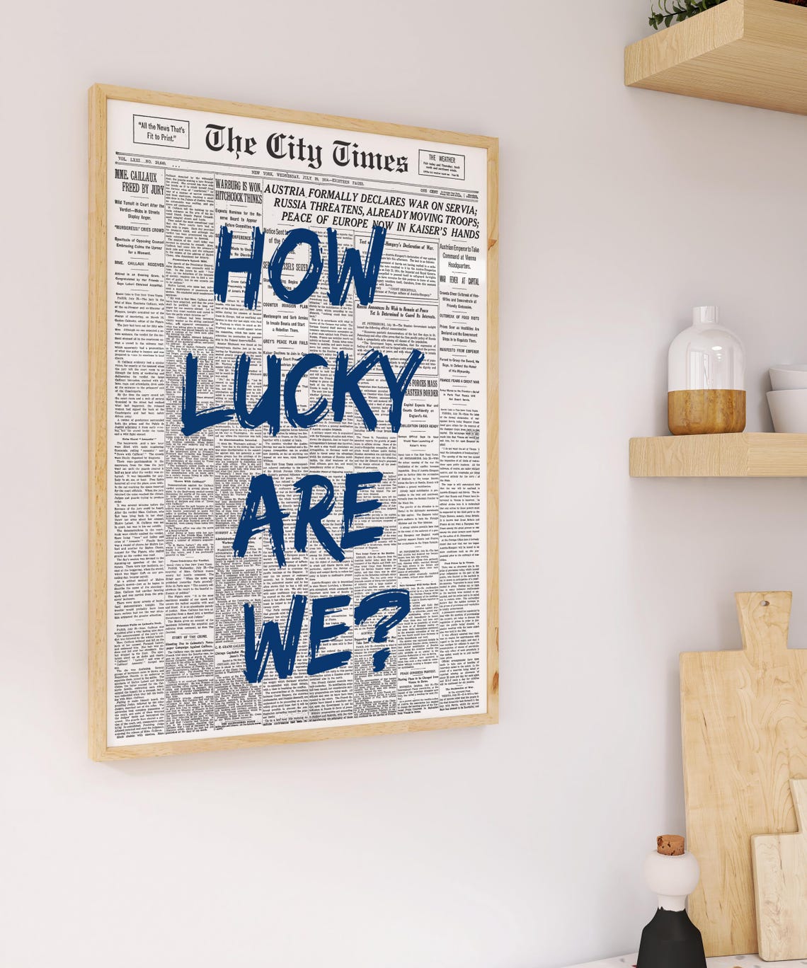 Navy Blue Poster Trendy Newspaper Print How Lucky Are We Wall Art Blue ...