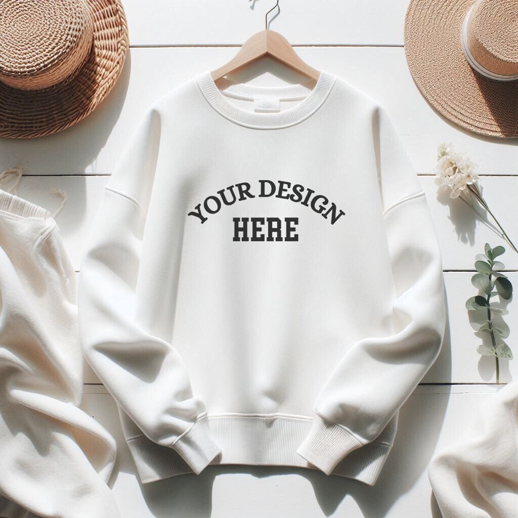 White Sweater Mockup, Gildan 18000 Mockup, Gildan White Sweatshirt ...