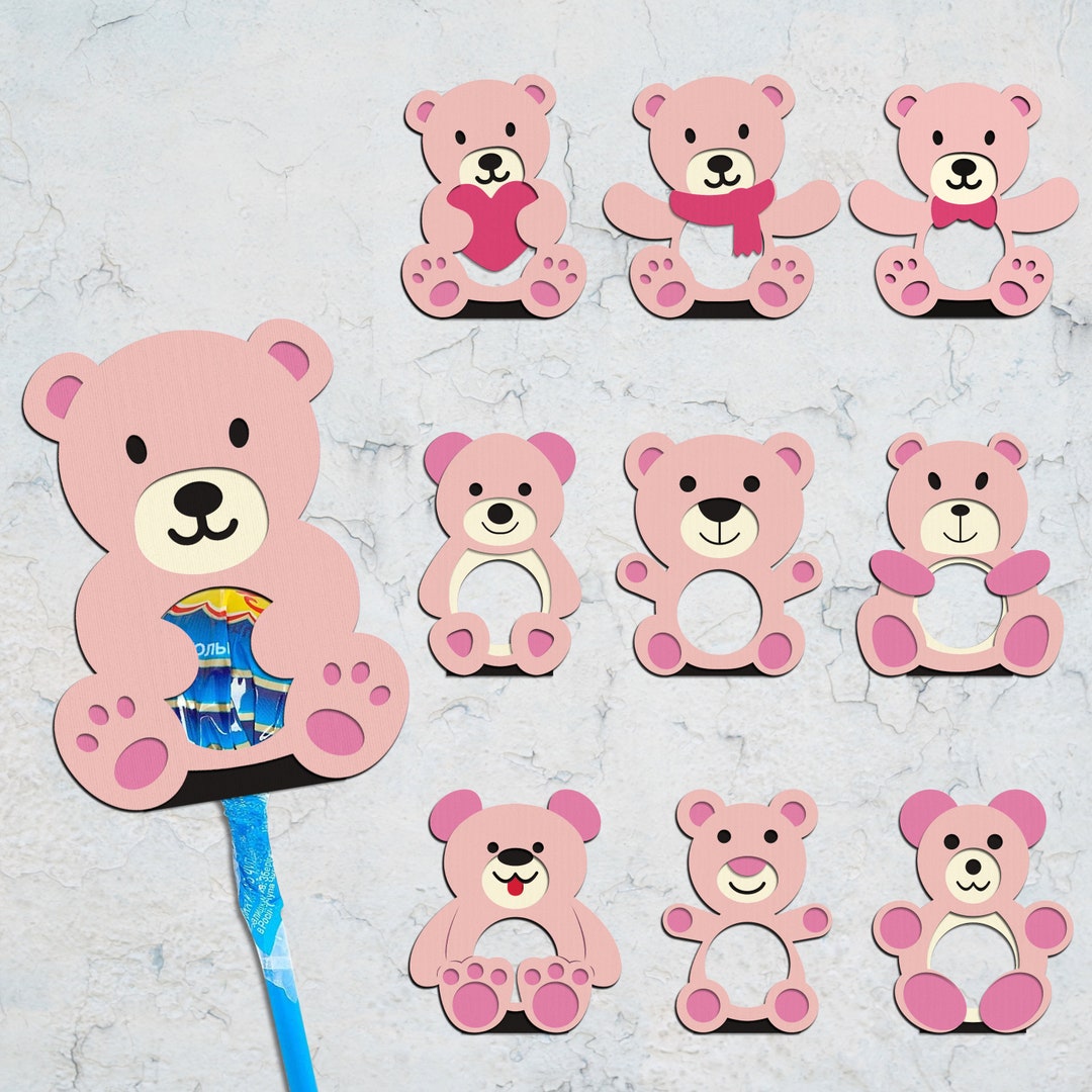 Valentine Teddy Bear Lollipop Holder Svg, Pink Bear Sucker Holder Svg ...