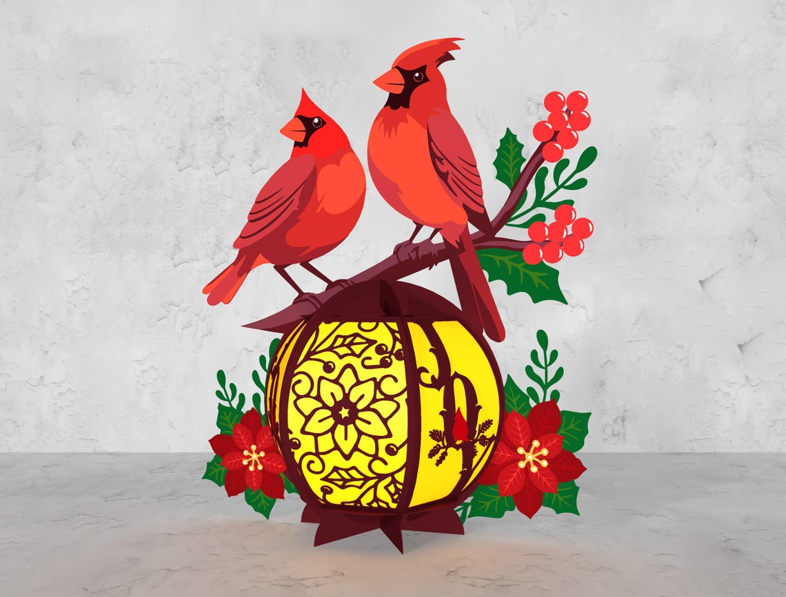 Christmas Cardinal Bird Lantern Cut File Svg, Cardinal Bird Paper Cut ...