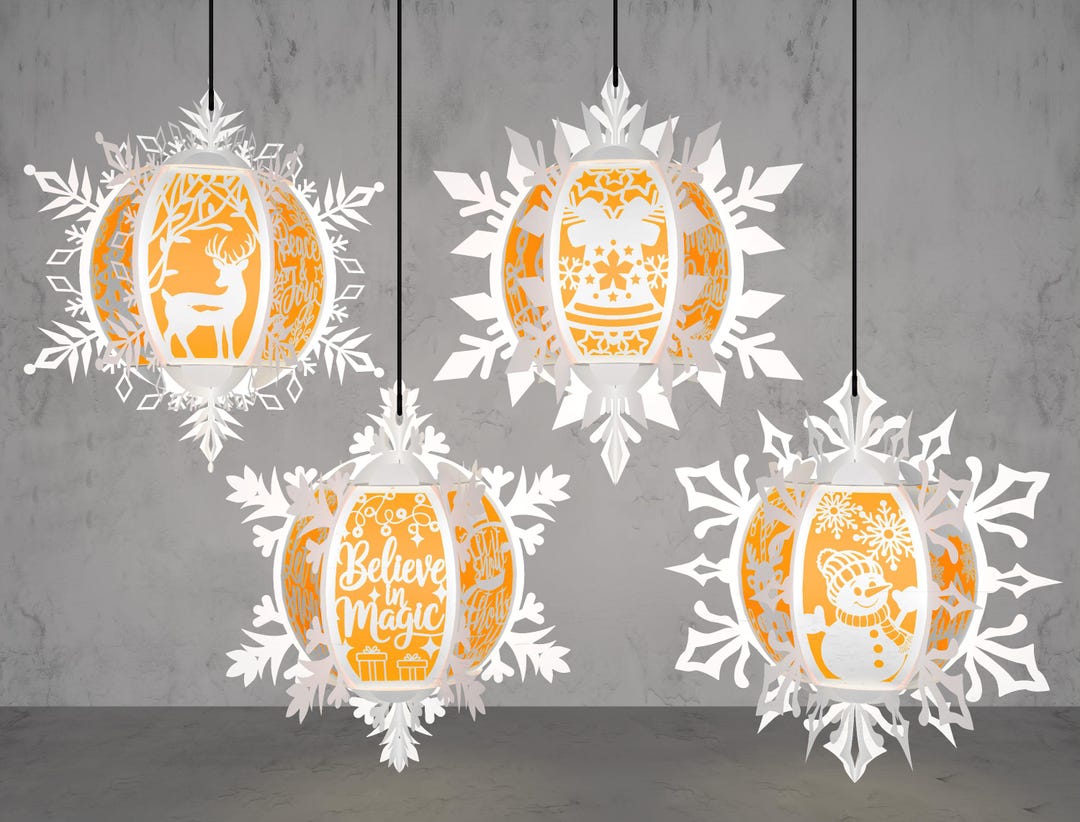 Snowflake Christmas Lantern Svg, Snowman Christmas Paper Cut Svg, Merry ...