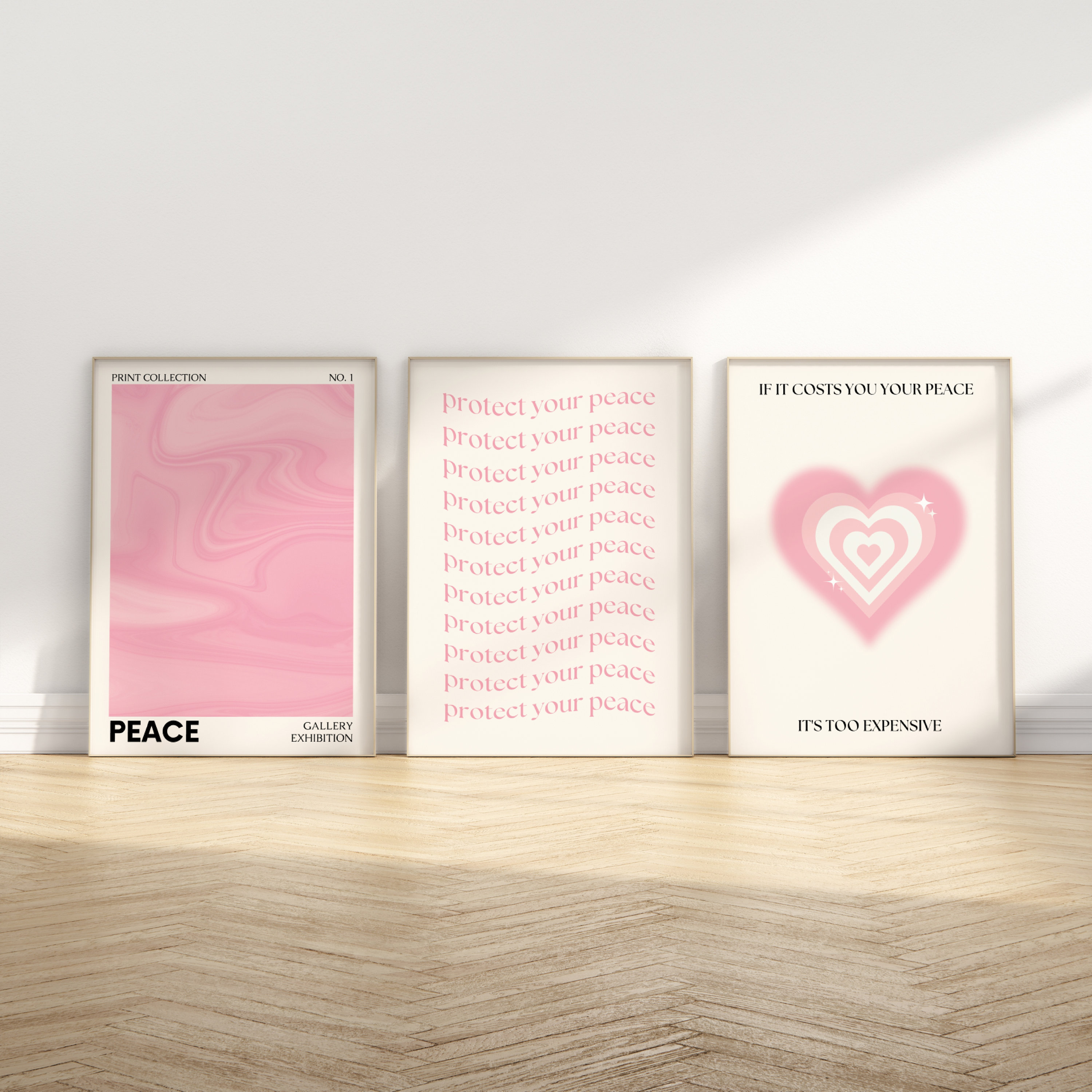 Pink Poster Set of 3, Light Pink Wall Art, Digital Prints, Cute Heart ...