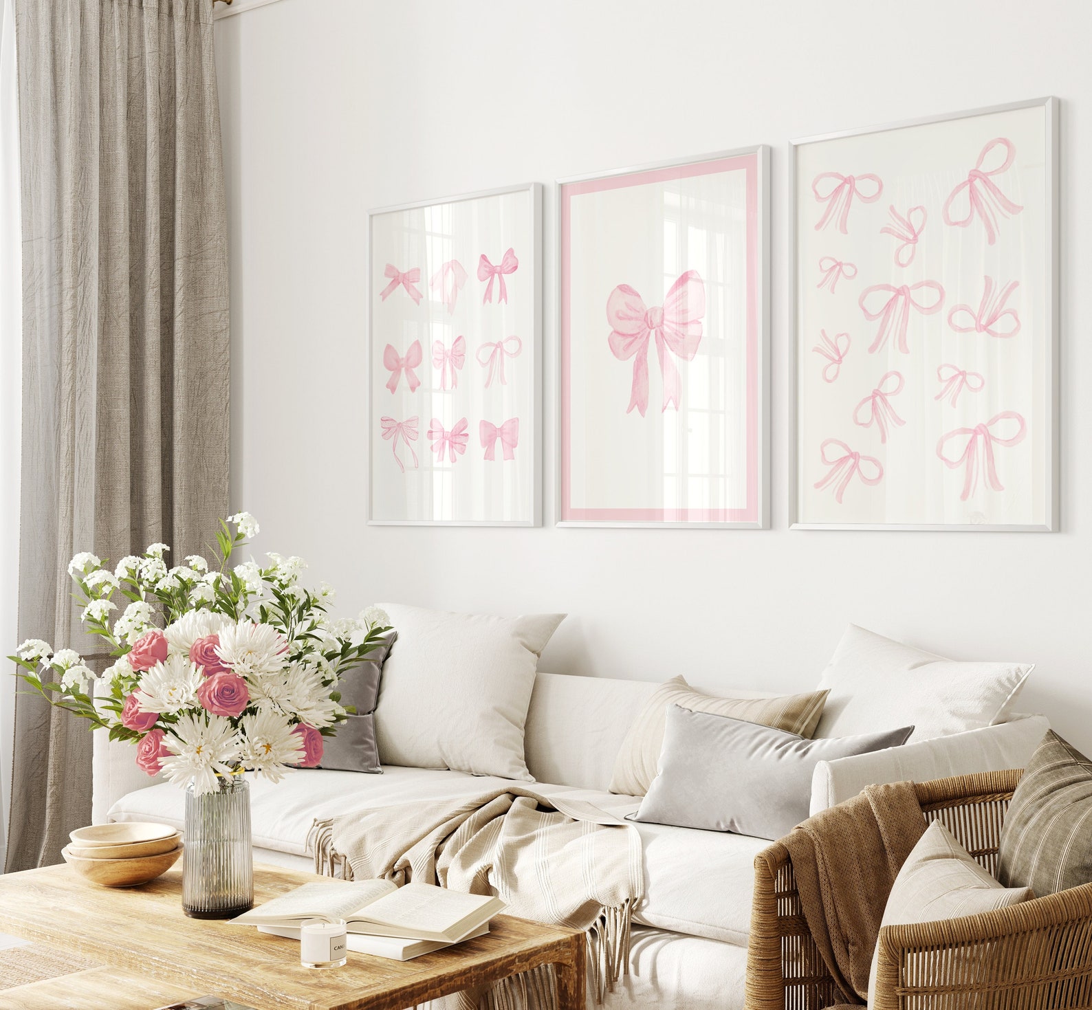 Pink Wall Art Set of 3 Bow Art Print Coquette Room Decor Aesthetic ...