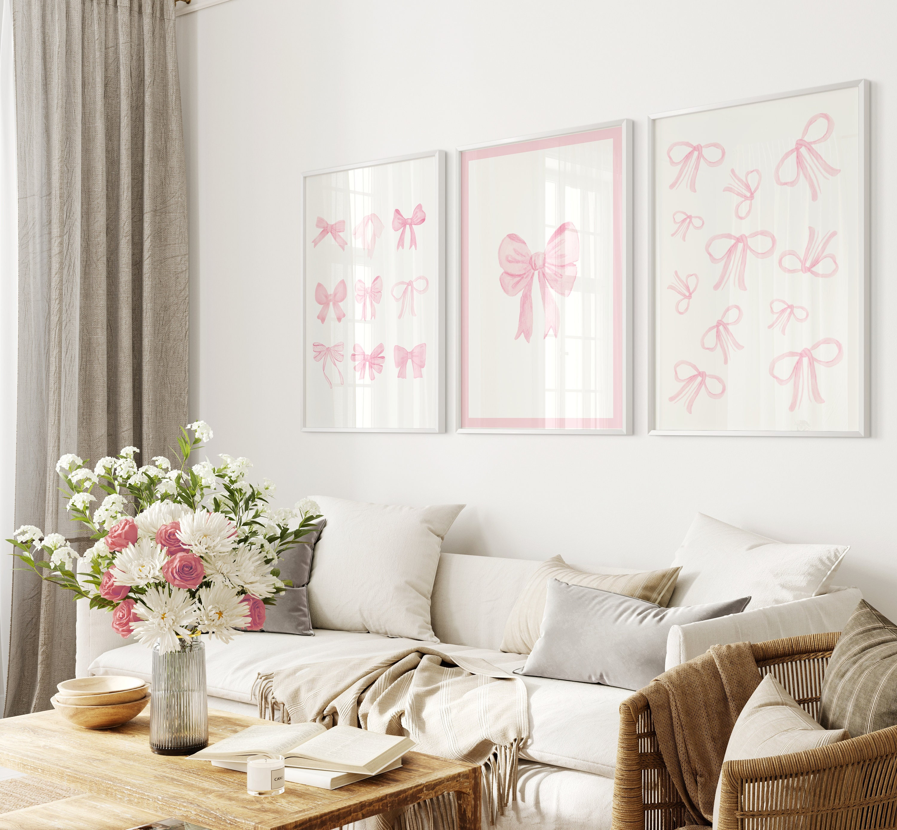 Pink Wall Art Set of 3 Bow Art Print Coquette Room Decor Aesthetic ...