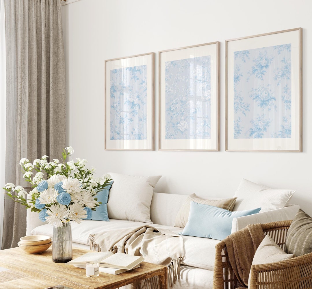 Love Shack Fancy Wall Art Blue Vintage Floral Print Set of 3 Blue ...