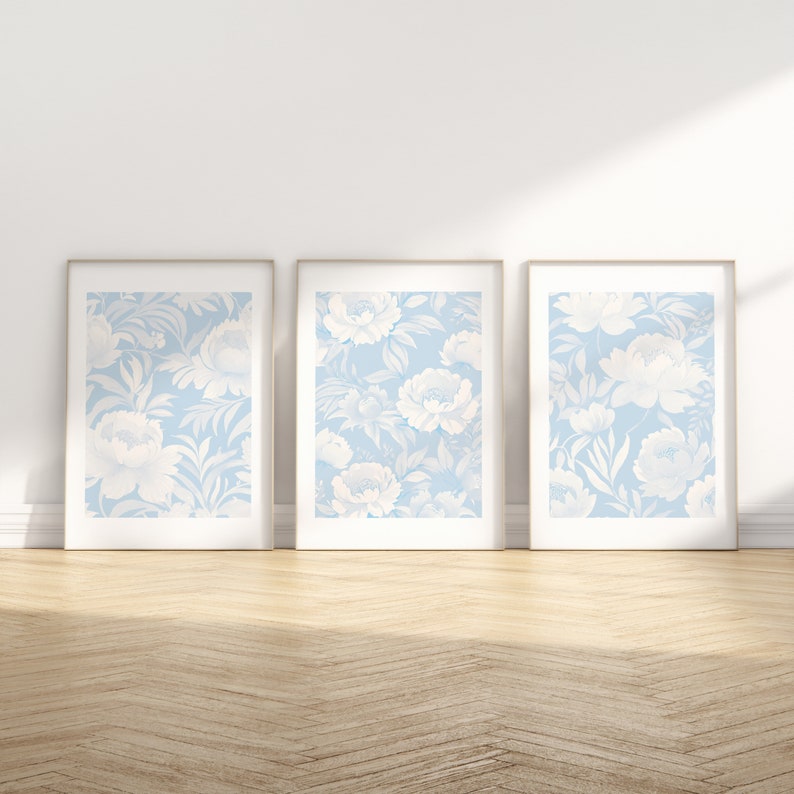 Light Blue Wall Art Set of 3 Peonies Vintage Floral Print Blue ...