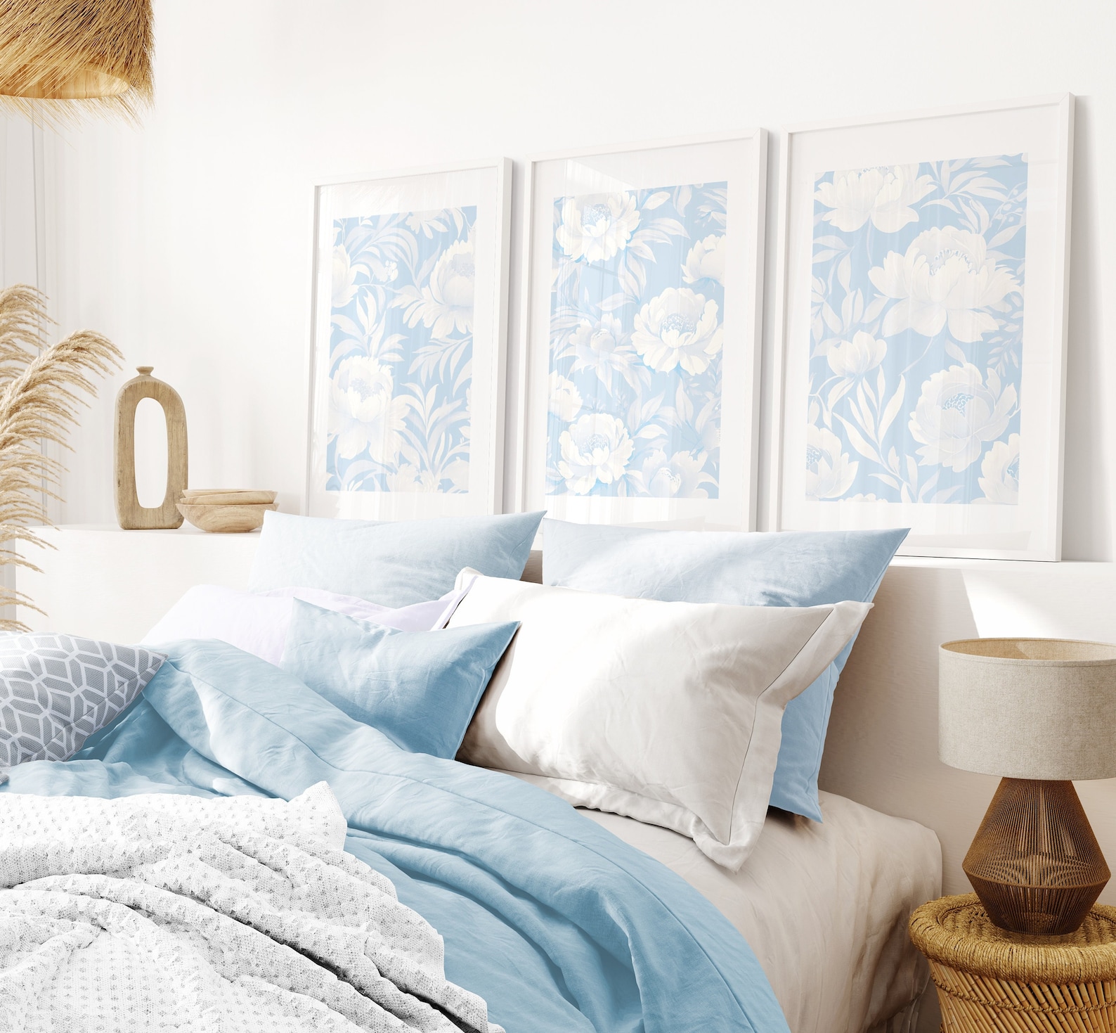 Light Blue Wall Art Set of 3 Peonies Vintage Floral Print Blue ...