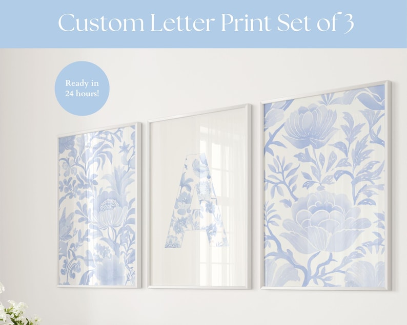 Custom Letter Print Set of 3 Chinoiserie Wall Art Dorm Monogram ...