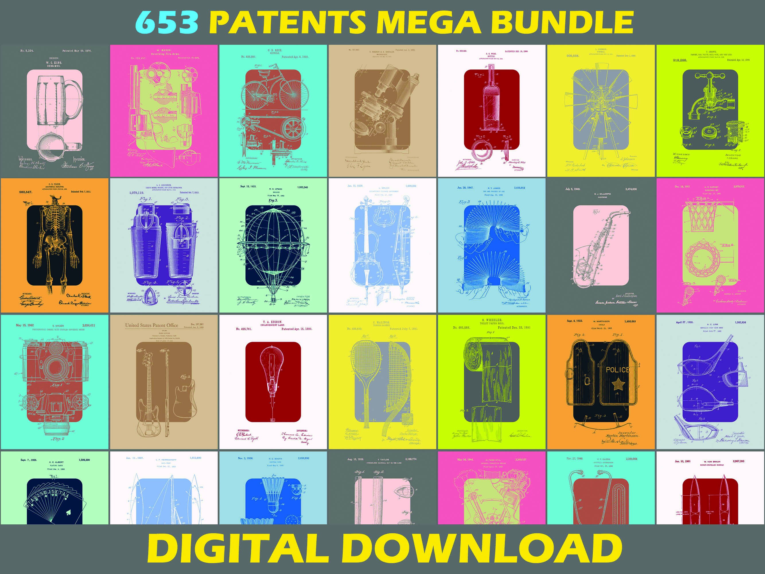 653 Patents Bundle 12 Colors Printable Blueprint Poster - Etsy