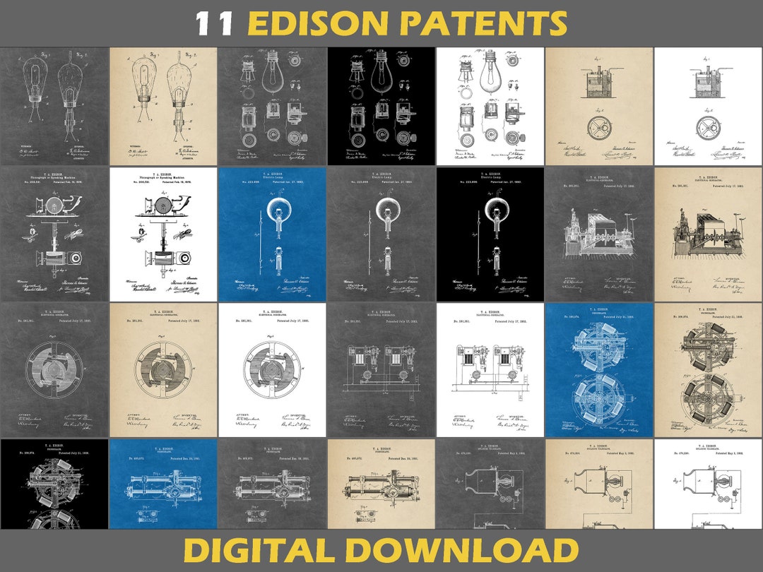 11 Thomas Edison Patent Poster Prints, Digital Download, Set, Physics Science Gift,electrical ...