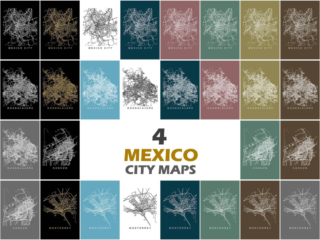 4 Mexico City Maps, Set Includes: Cancun, Guadalajara, Mexico City, and ...