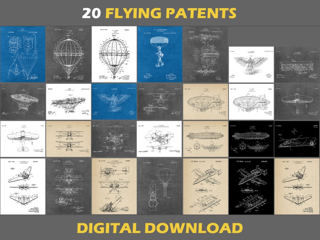 20 Flying Machine Patent Poster Prints, Digital Download, Set, Aviation ...