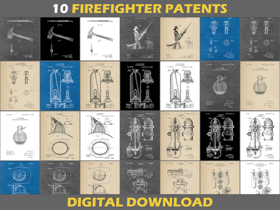 10 Firefighter Patent Poster Prints, Digital Download, Set, Blueprint ...