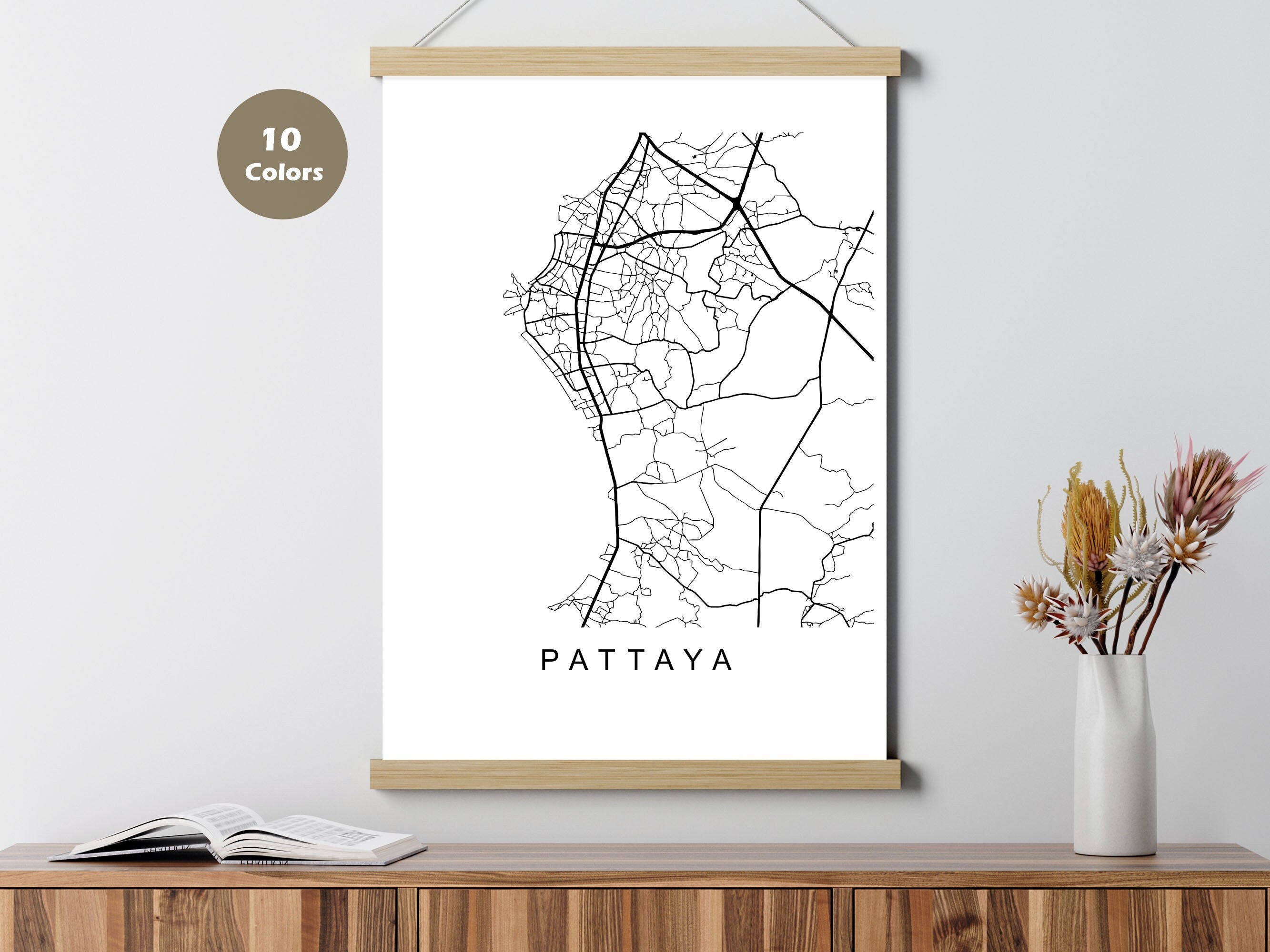 Pattaya City Map Poster, Thailand, Map Print, Canvas Wall Art, Unique ...