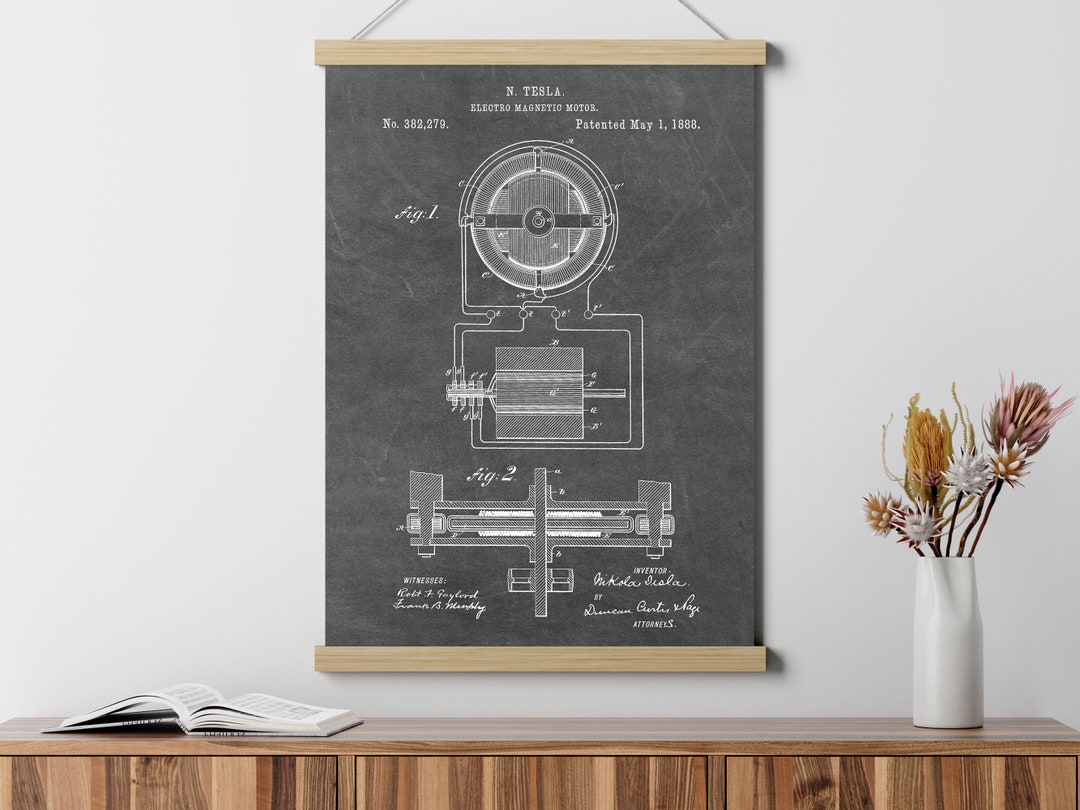 Tesla Electric Motor Patent Poster, Physics Science Gift, Electrical ...