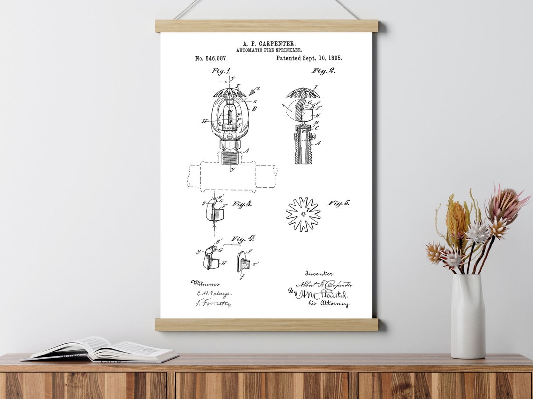 Fire Sprinkler Patent Poster, Blueprint Wall Art, Gift - Etsy