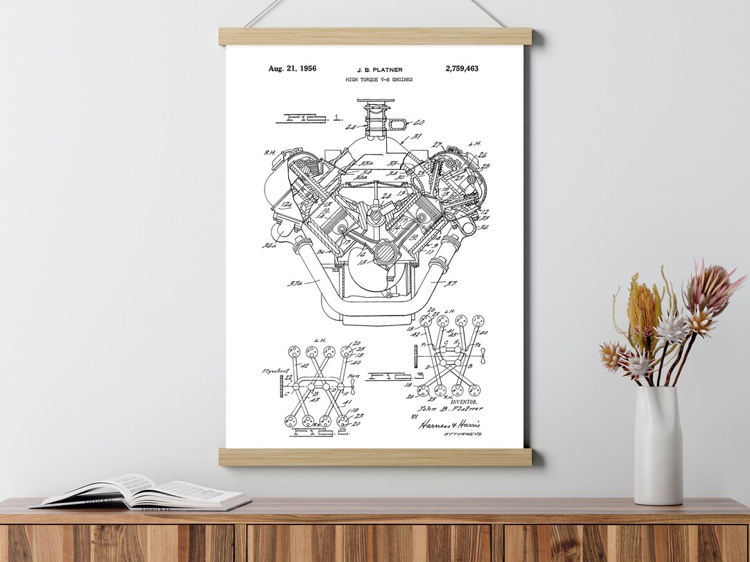 V8 Engine Patent Poster, Car Motorcycle Prints, Mechanical Engineering ...