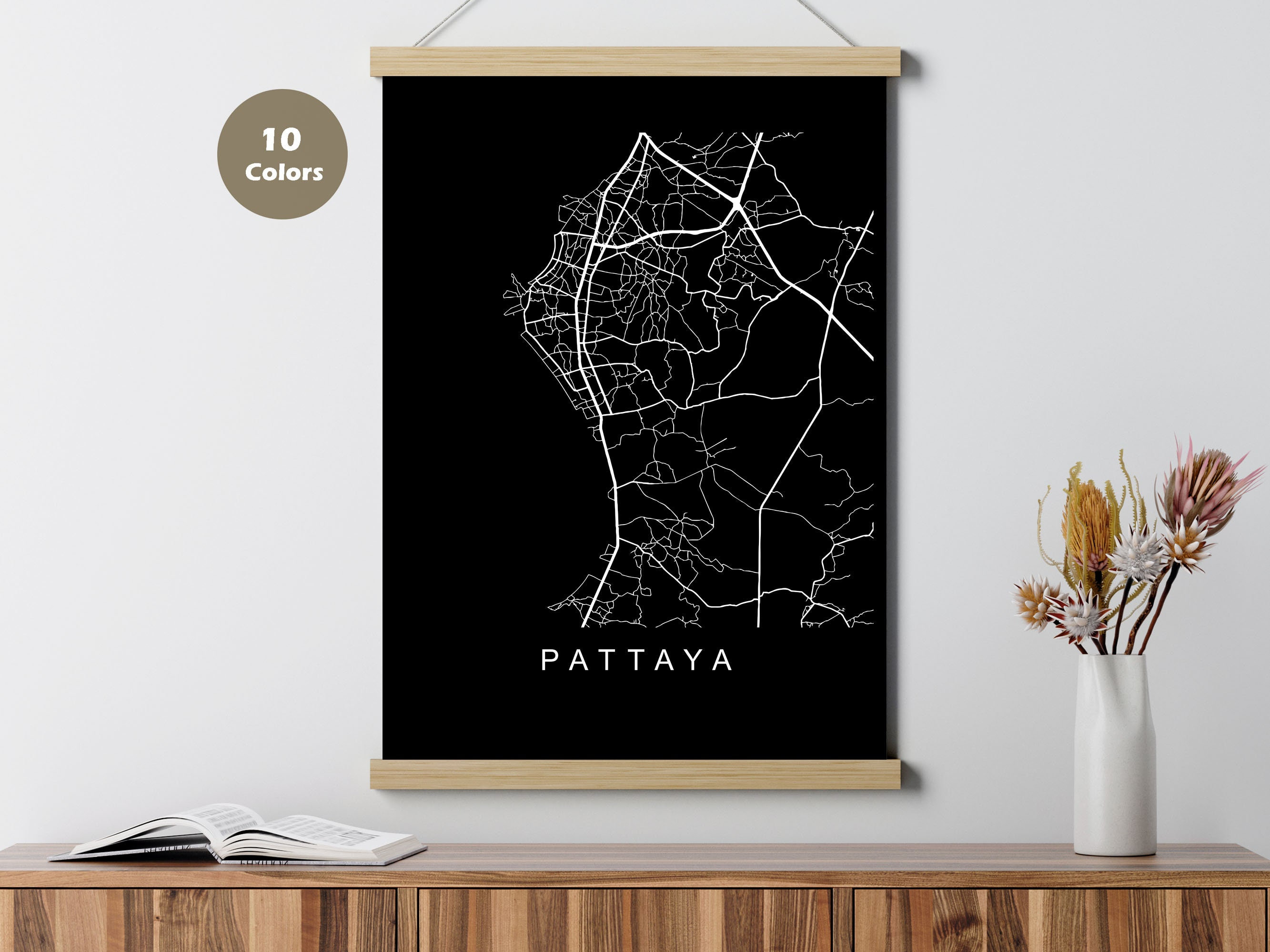 Pattaya City Map Poster, Thailand, Map Print, Canvas Wall Art, Unique ...