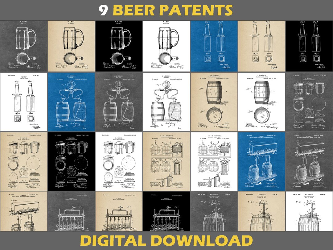 9 Beer Patent Poster Prints, Digital Download, Set, Bar Alcohol Gifts ...