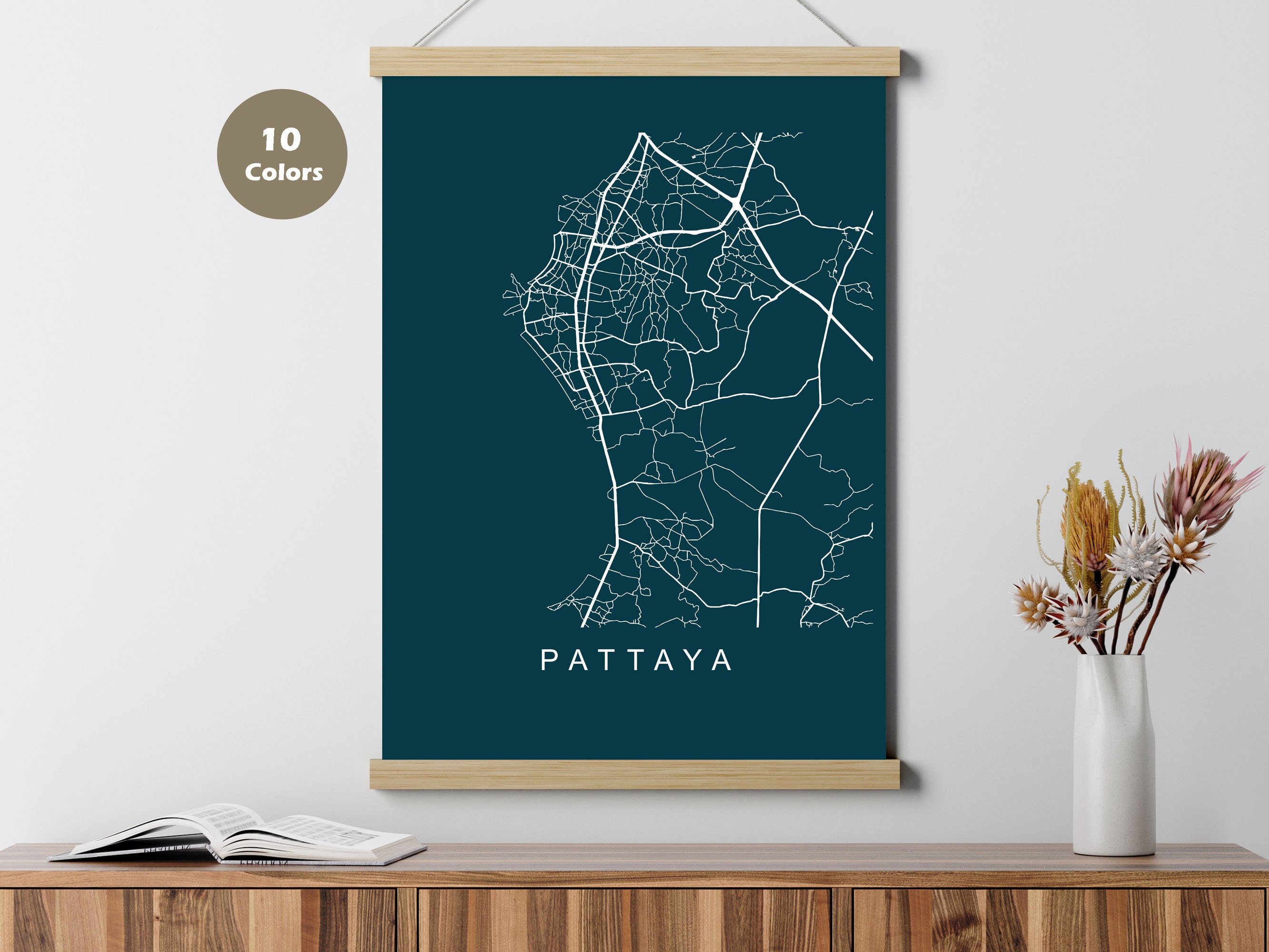 Pattaya City Map Poster, Thailand, Map Print, Canvas Wall Art, Unique ...