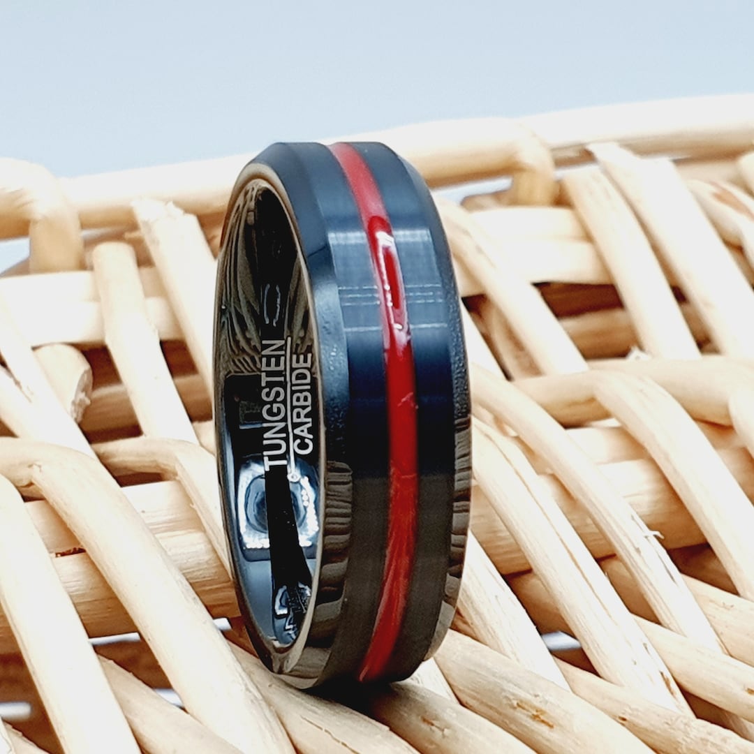 Engraved Firefighter Thin Red Line Ring Men's Wedding Size 5-13 Black ...