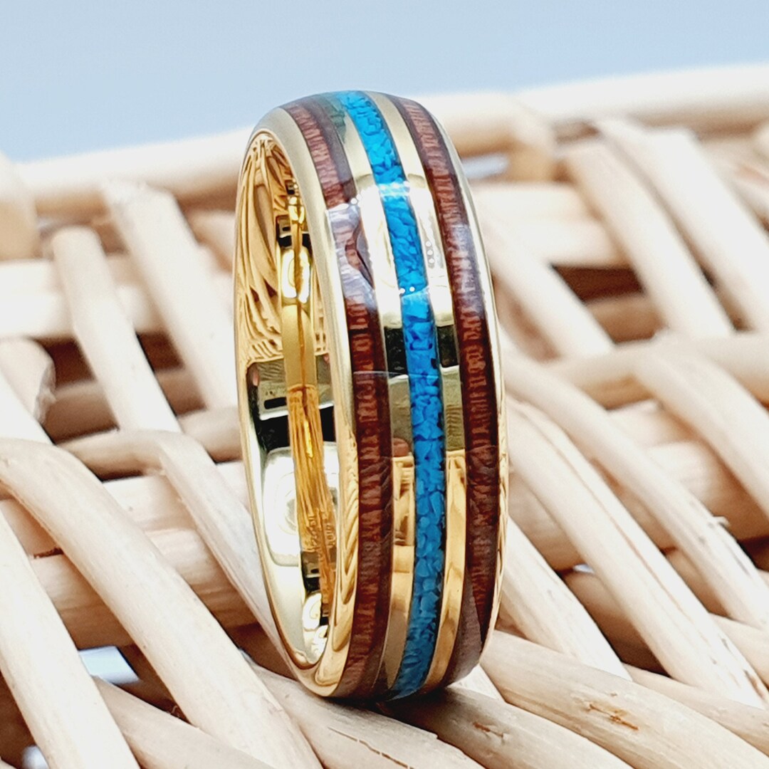 Tungsten Wood Ring Turquoise Yellow Gold Ring Wedding Ring Men & Women ...