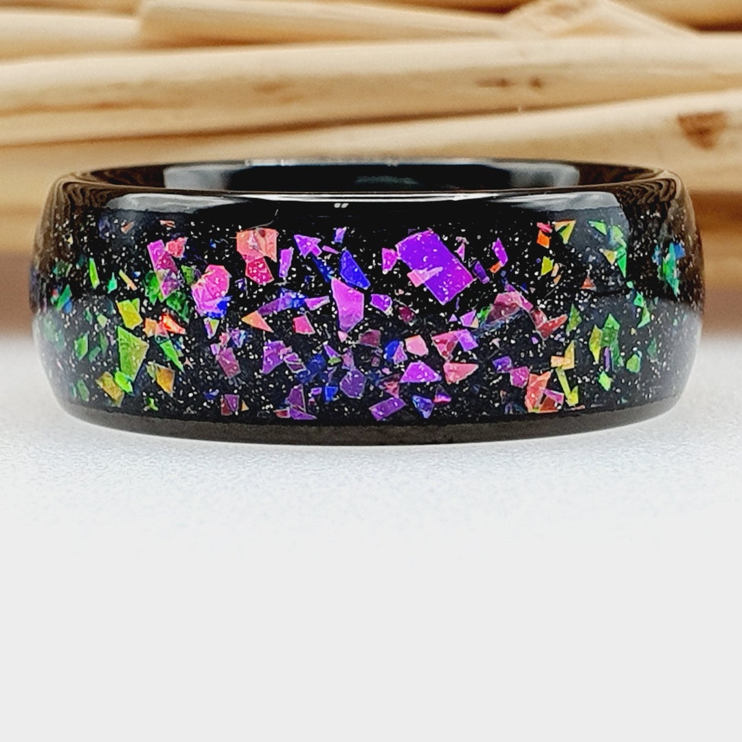 Mens Crushed Opal Abalone Tungsten Wedding Band Black Gold Wedding Ring ...